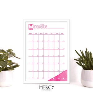 Blank Calendar Printable, Pink Watercolor Calendar, Undated, A4 and ...