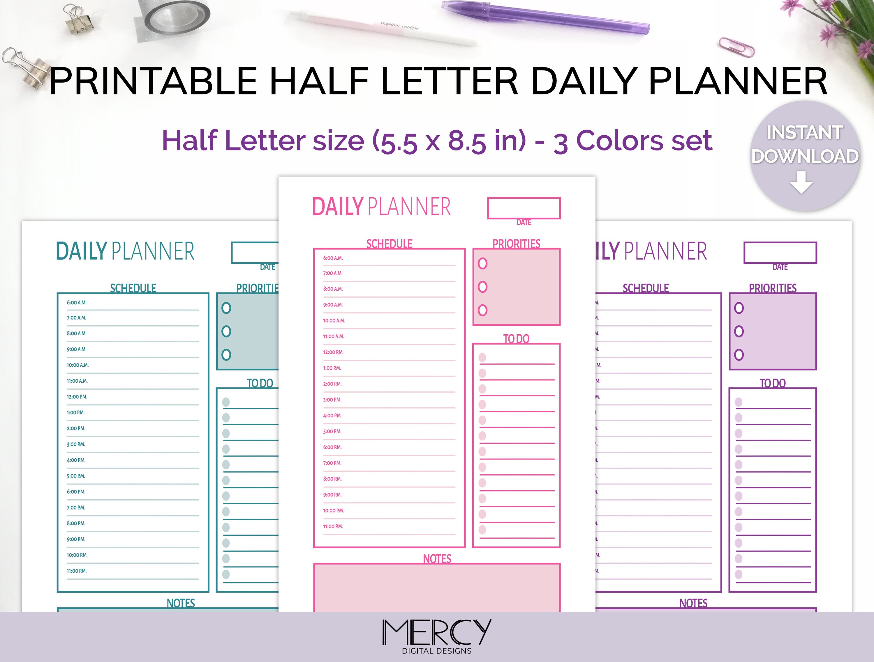 Half Letter Daily Planner Printable, Day on One Page, Daily Schedule ...