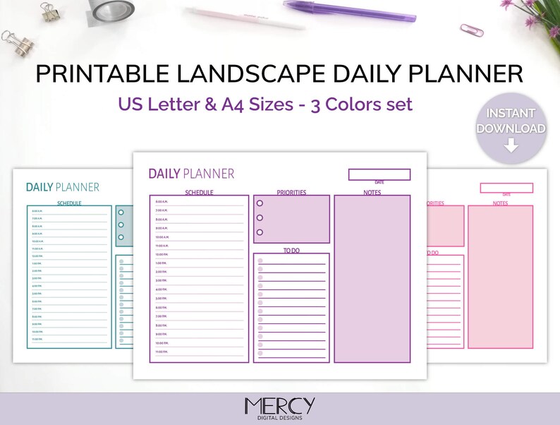 Printable Landscape Daily Planner, Horizontal Daily Hourly Planner ...