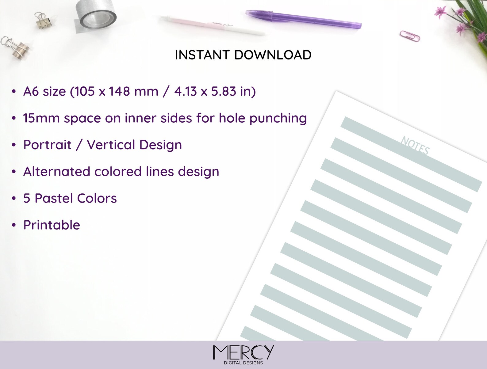 A6 Lined Notes Printable, Cute A6 Notes Page, Pastel Notes Printable - Etsy