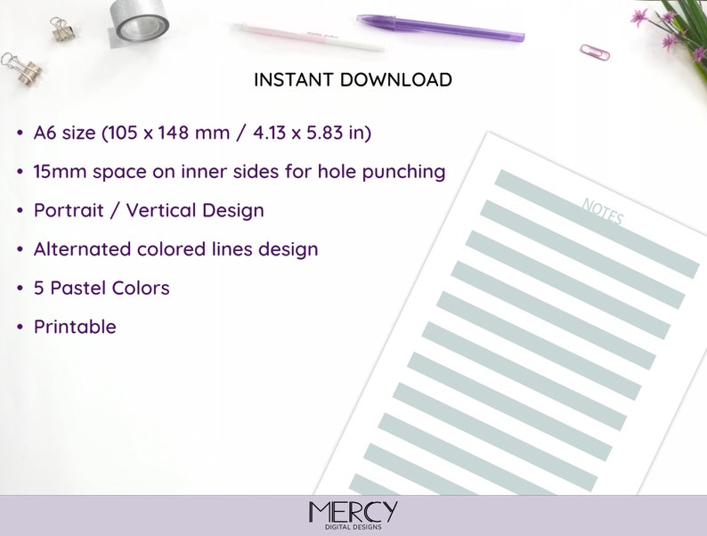A6 Lined Notes Printable, Cute A6 Notes Page, Pastel Notes Printable - Etsy