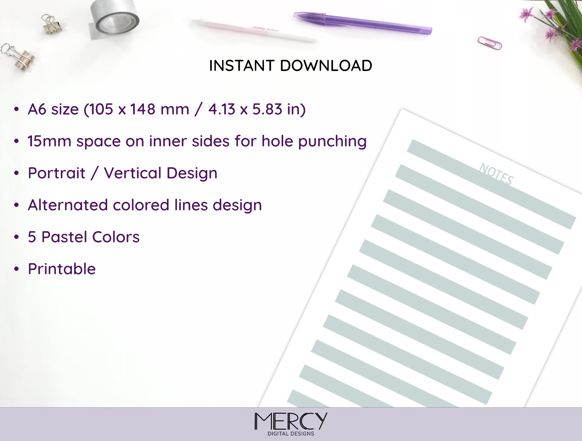 A6 Lined Notes Printable, Cute A6 Notes Page, Pastel Notes Printable - Etsy