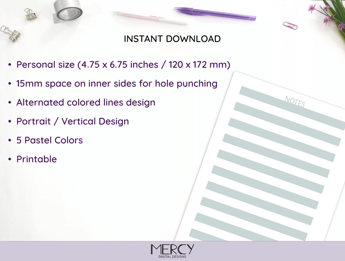 Personal Wide Lined Notes Printable, Printable Pastel Notes Page, Cute ...