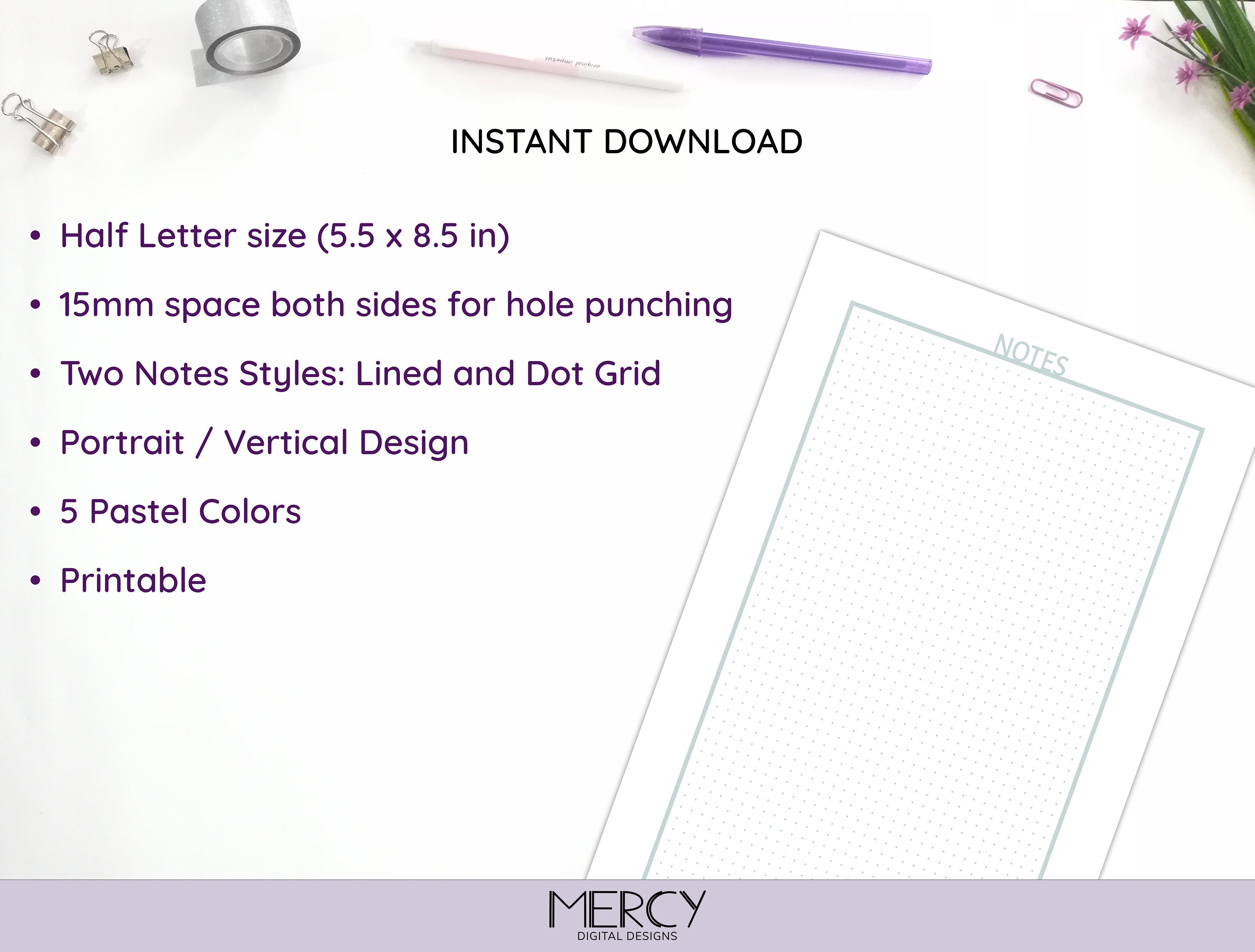 Half Letter Notes Printable, Lined Notes, Dot Grid Notes, Pastel Notes ...