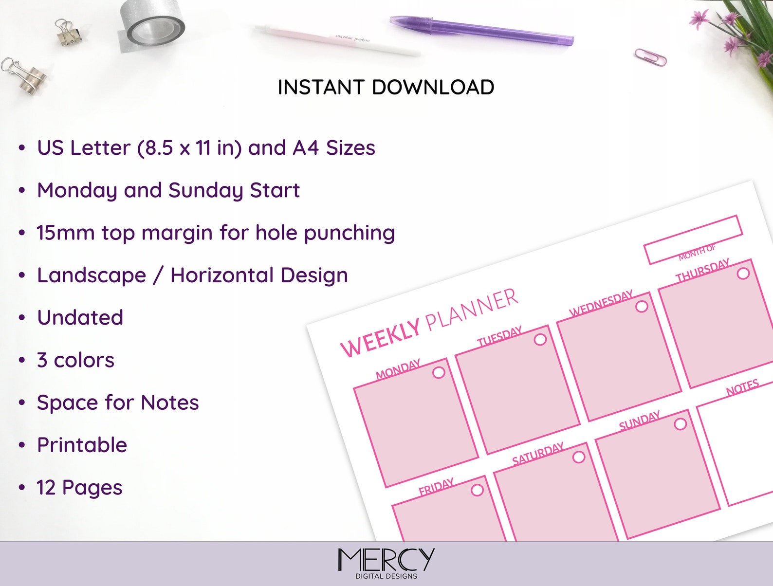 Printable Weekly Planner, Landscape Weekly Planner Printable, A4 and US ...