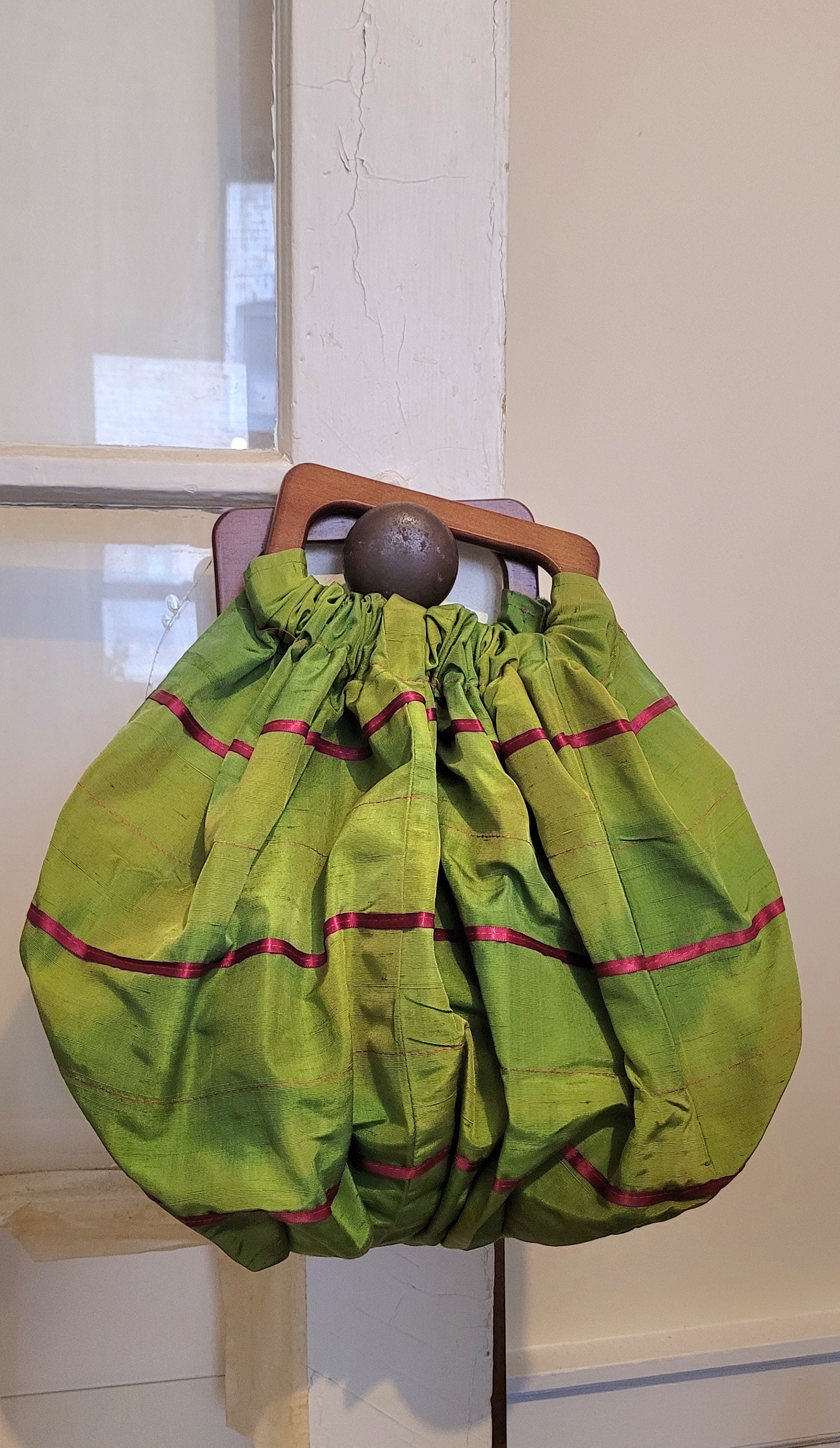 Vintage Kimono Balloon Bag, Wooden Handle Handbag, Recycle Fabric ...