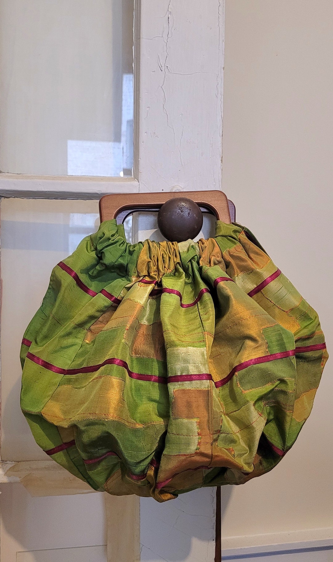 Vintage Kimono Balloon Bag, Wooden Handle Handbag, Recycle Fabric ...