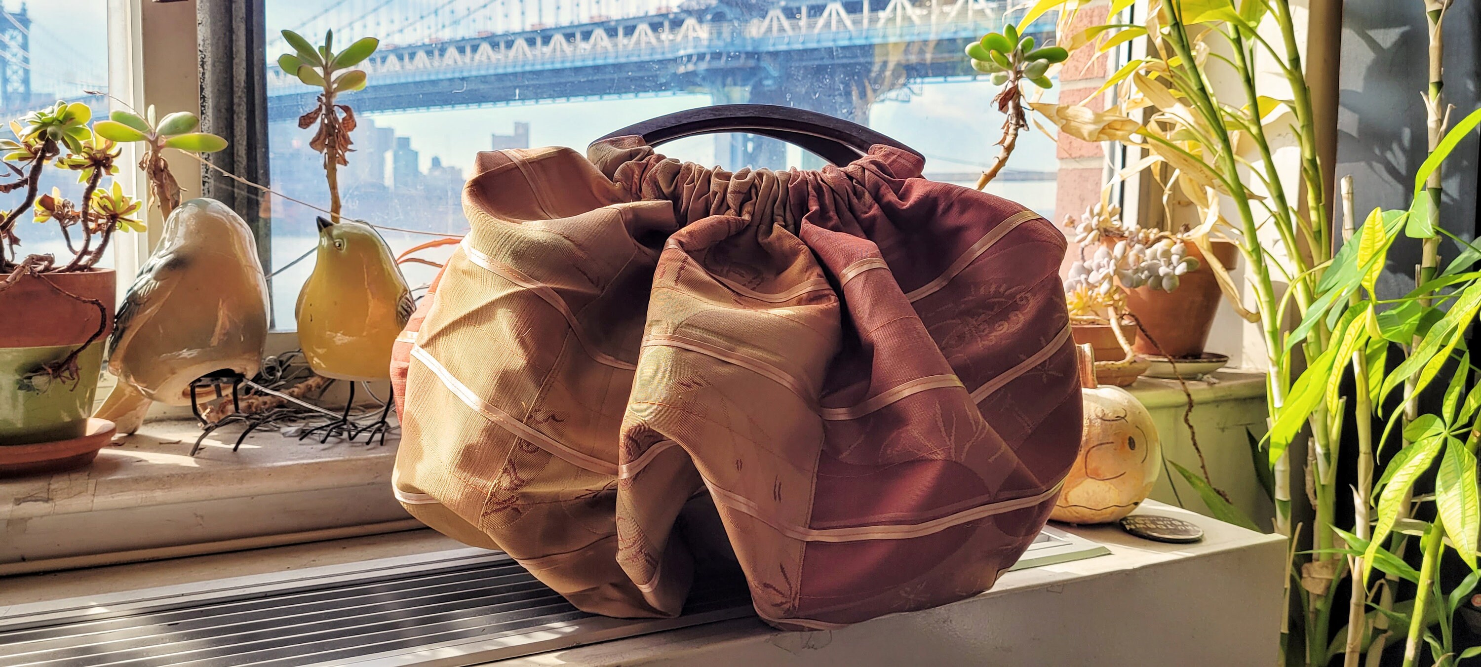 Vintage Kimono Balloon Bag, Wooden Handle Handbag, Recycle Fabric ...