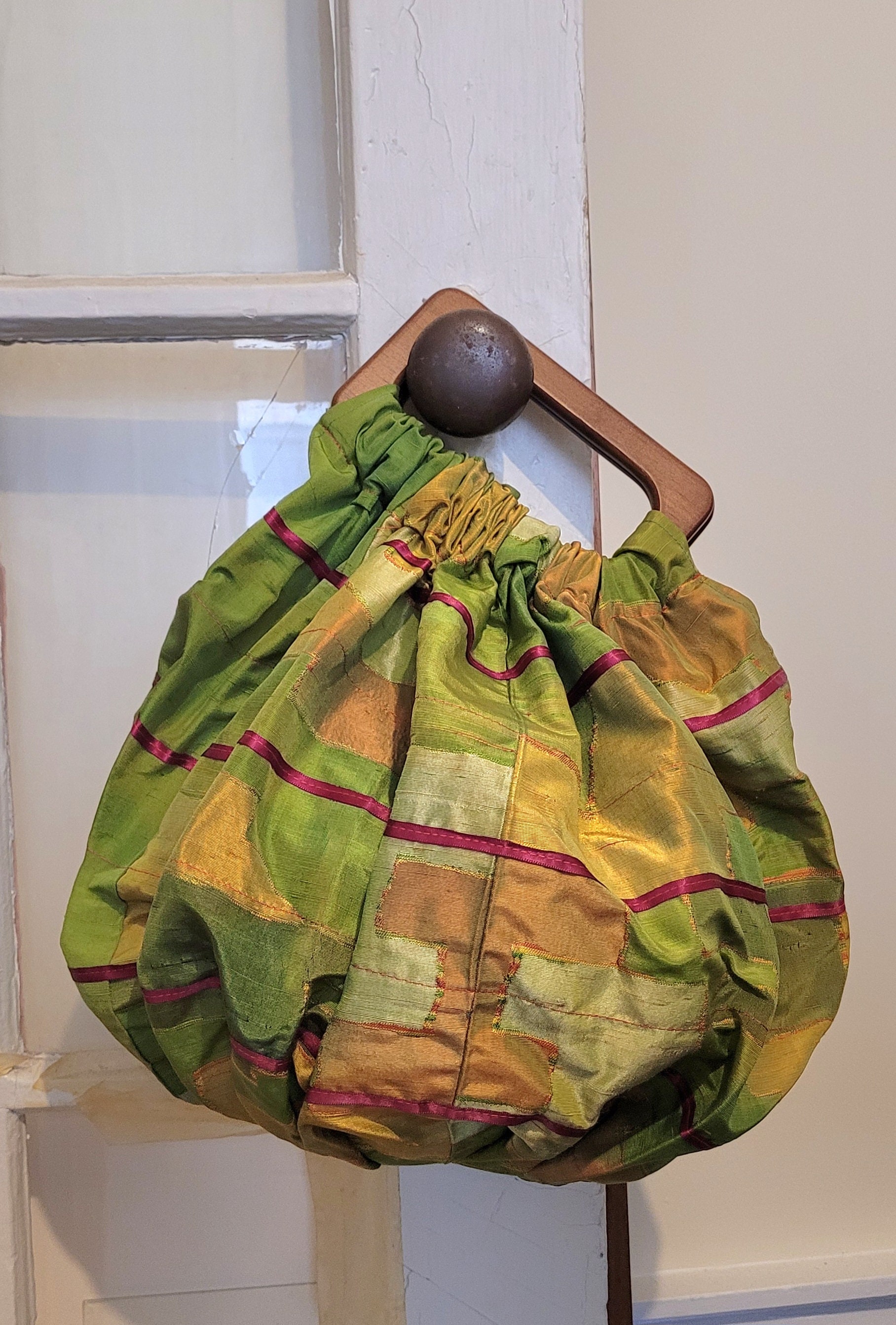 Vintage Kimono Balloon Bag Wooden Handle Handbag Recycle - Etsy