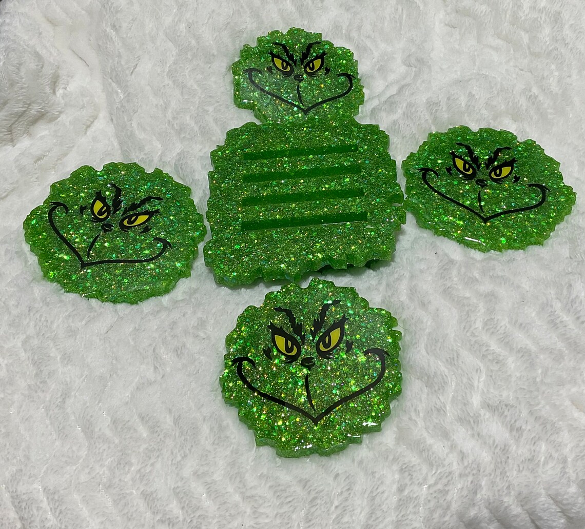 Resin Grinch Inspired Coaster/ Christmas Coasters/glitter Coasters With ...