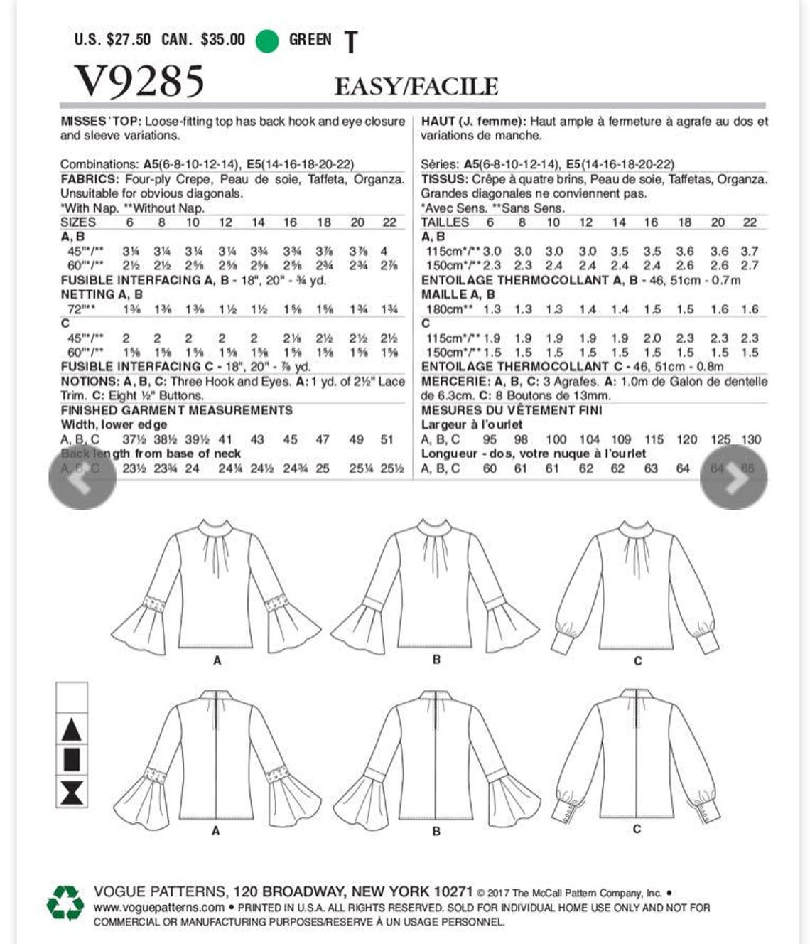 Vogue V9285 Blouses Sewing Pattern, Statement Sleeves, Loose-fit, Sizes ...