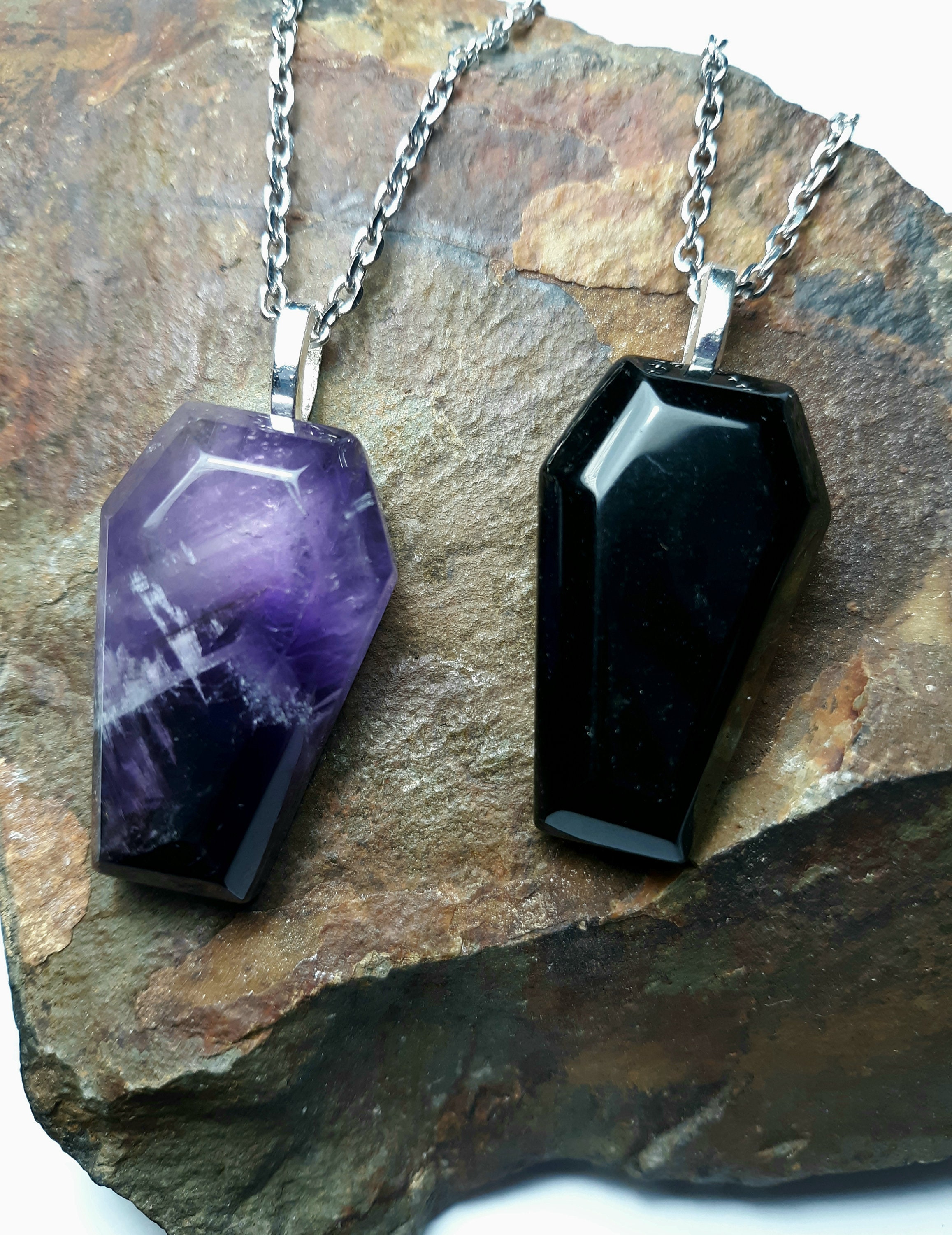 Amethyst or Obsidian Gemstone Coffin Necklace Stainless Steel - Etsy