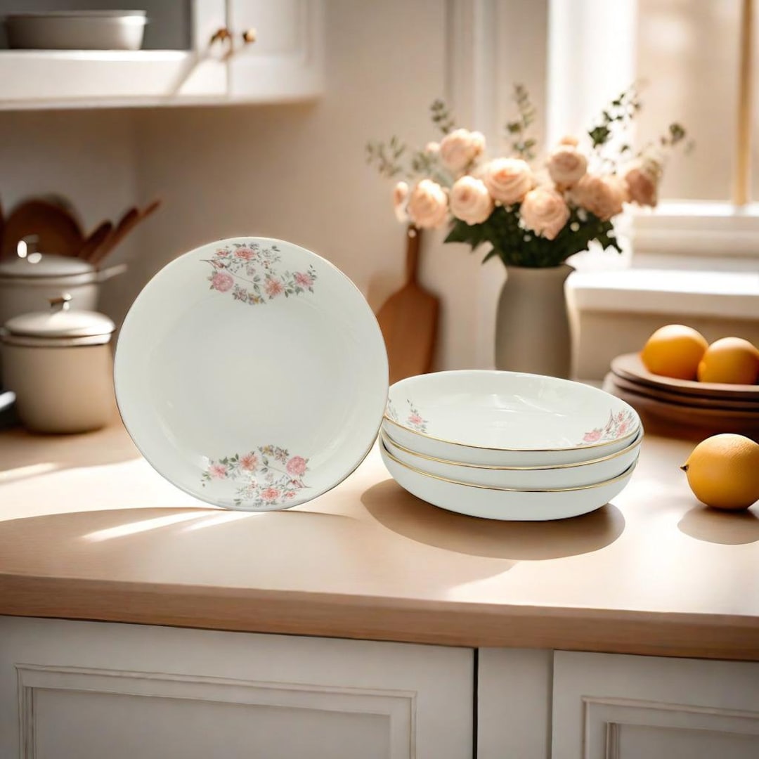 Set of 4 Elegant 9" Porcelain Dinner Bowls With HD Floral Decal and ...