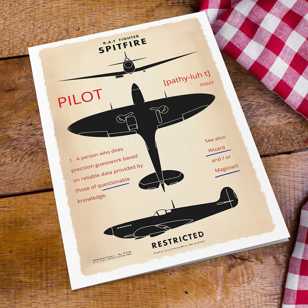 Pilot, Spitfire Illustrated Card, RAF, Military Funny Fun Greeting Card ...