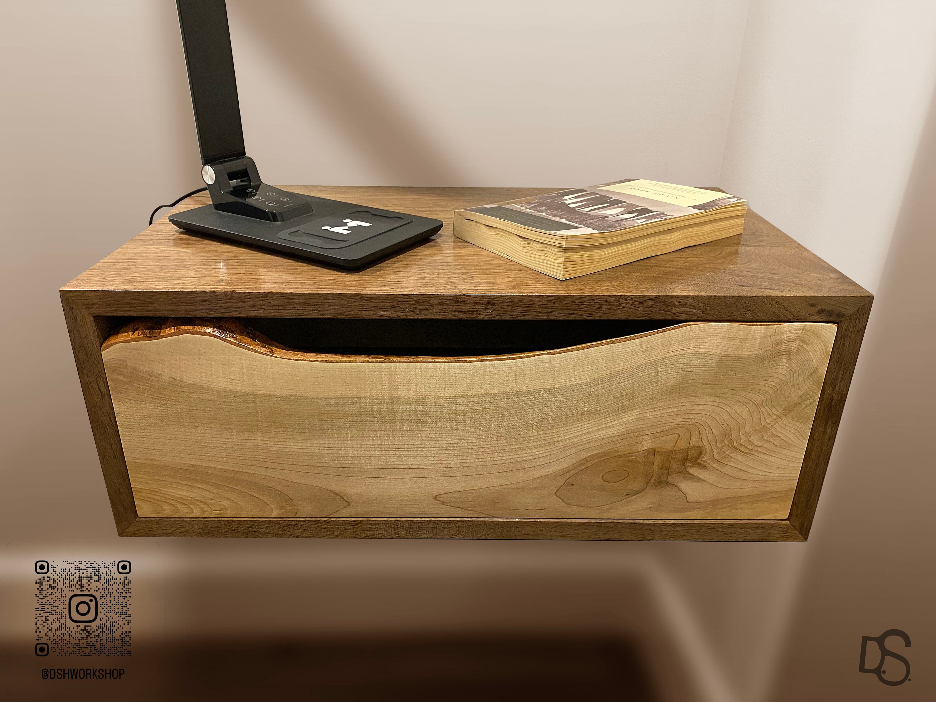 Black Walnut Floating Night Stand With Live Edge Maple Box Face Drawer - Etsy