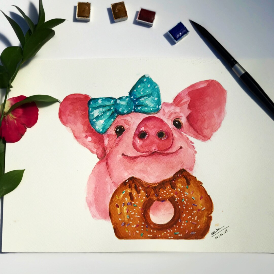 Original Hand Painted Pig and Donut - Etsy