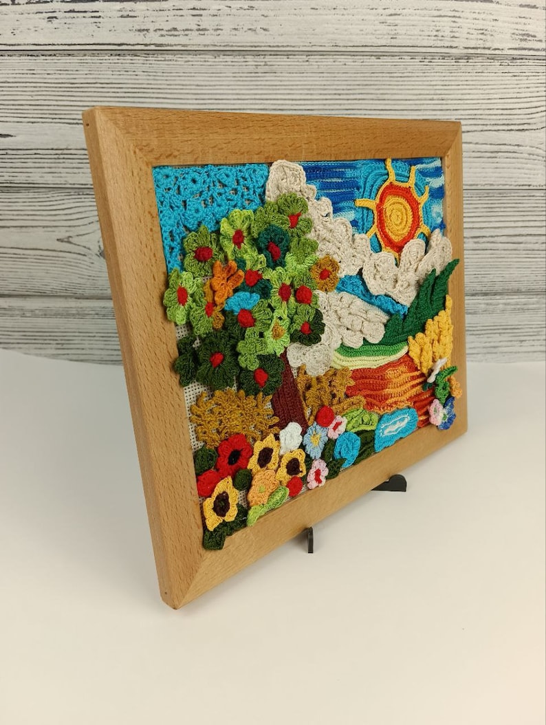 Crochet Landscape Wall Art – 3D Sunny Nature Scene With Tree, Clouds ...