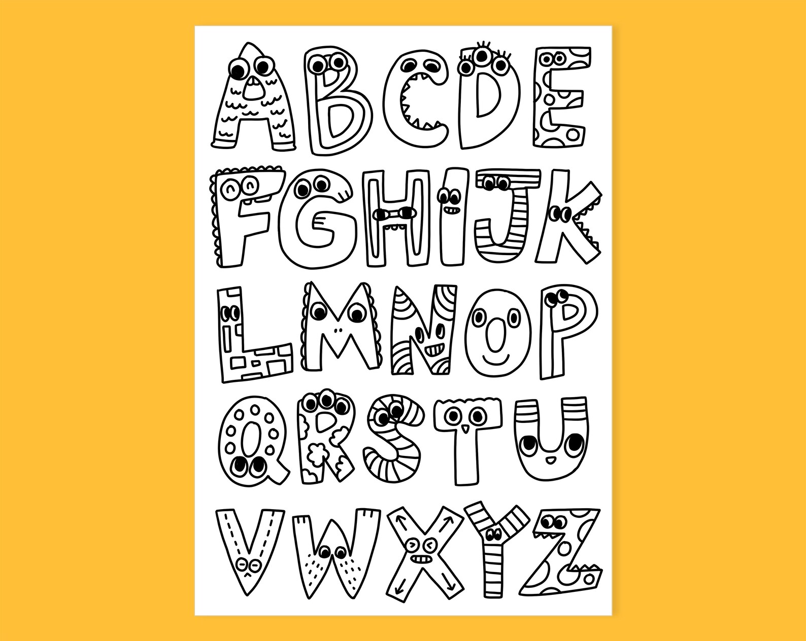 Funny ABC Alphabet Coloring Page for Kids - Instant PDF, JPEG Download ...