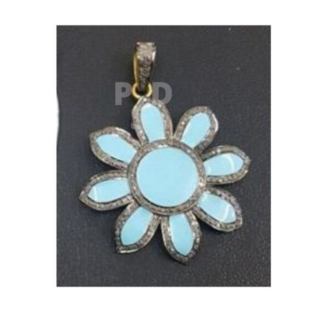 Pave Diamond Turquoise Enamel Flower Pendant, Gold Vermeil Sterling ...