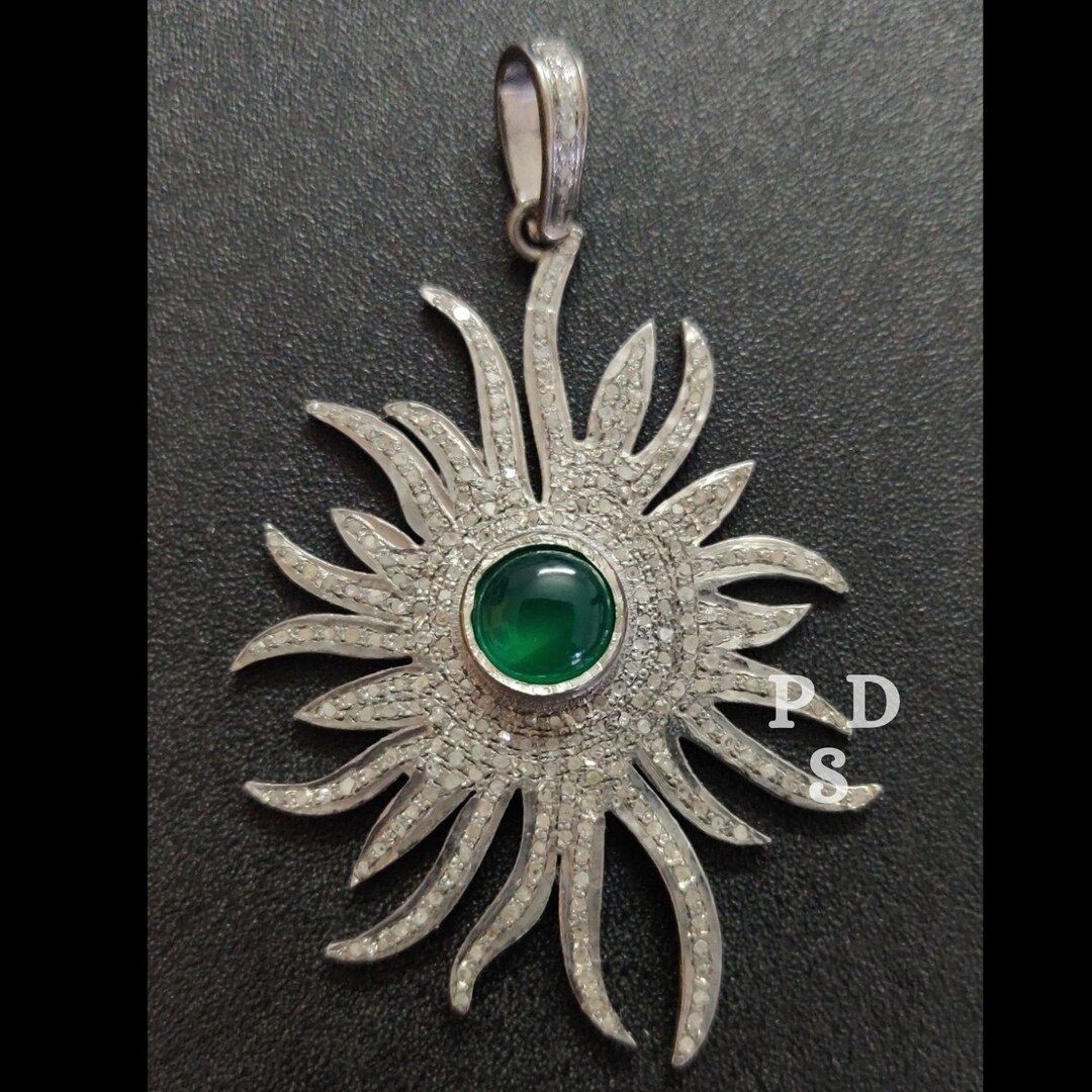 Starburst Pave Diamond Pendant, Green Stone, Sterling Silver - Etsy
