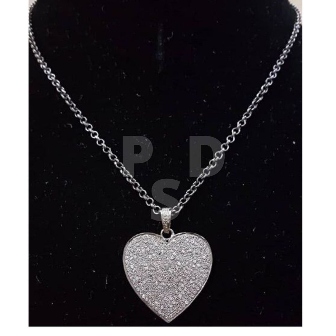 Pave Diamond Heart Pendant, Pave Diamond Heart Necklace, 24" Long Pave ...