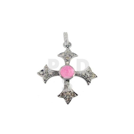 1 Pc Pave Diamond Pink Enamel Cross Pendant 925 Sterling - Etsy