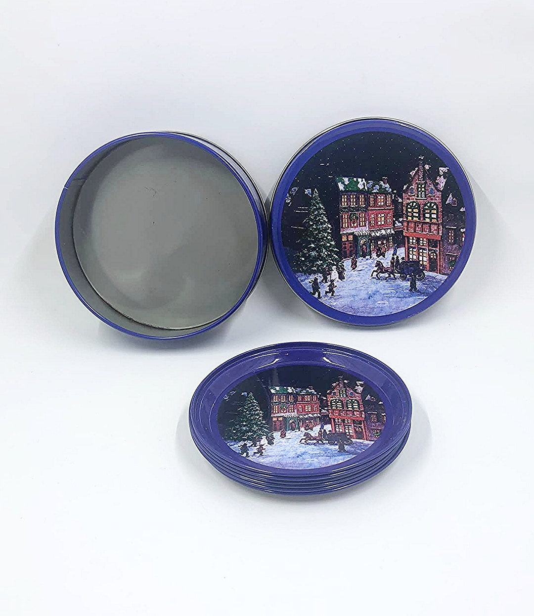 Vintage Round Tin Christmas Scene Coasters - Etsy