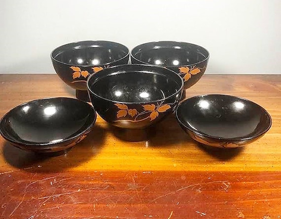Vintage Black Lacquerware Salad Bowl Set - Etsy