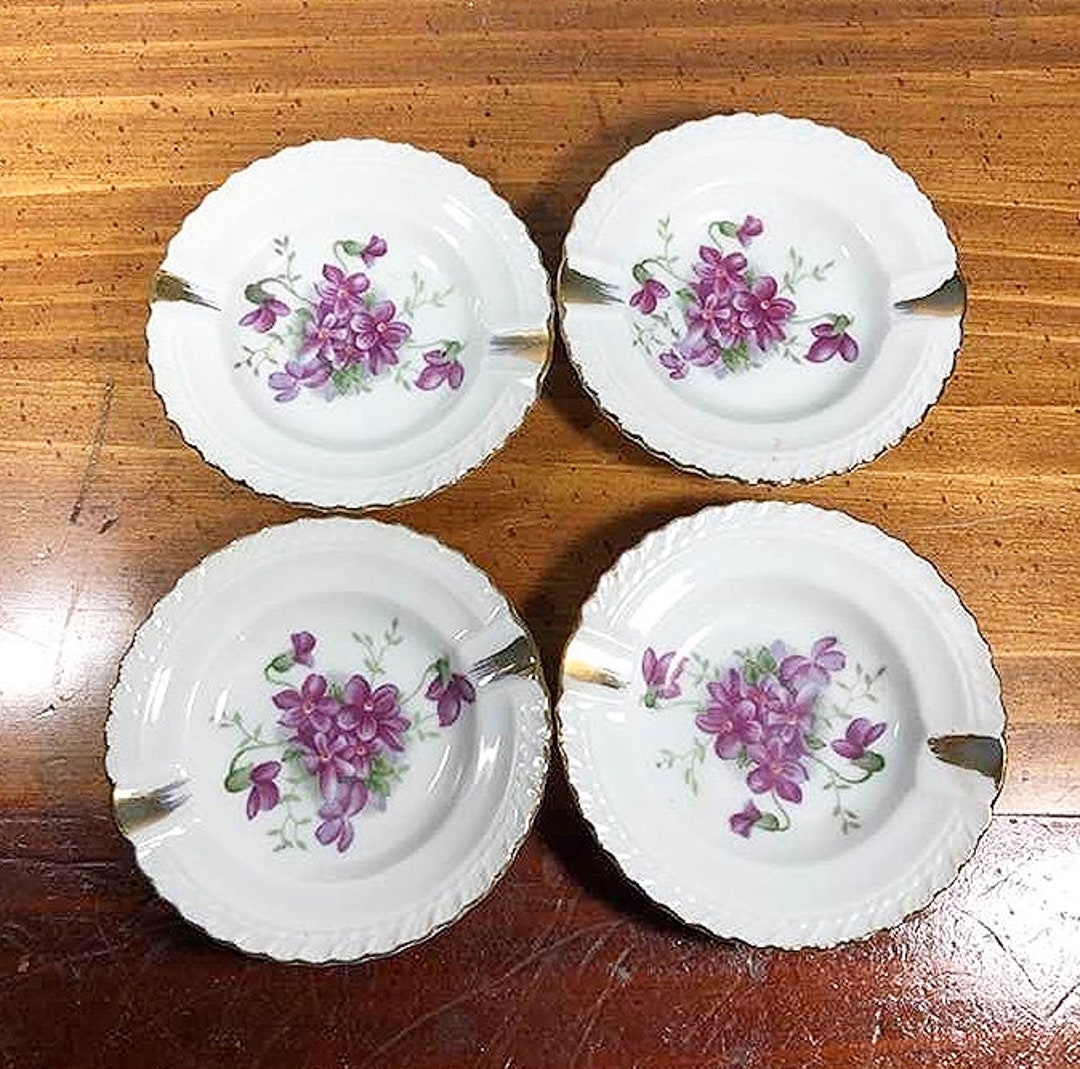 Vintage Purple Floral Cigarette Ashtray Set - Etsy