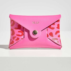 Personalised Leather Coin Purse / Pink + Red Leopard Print / Hot Pink ...