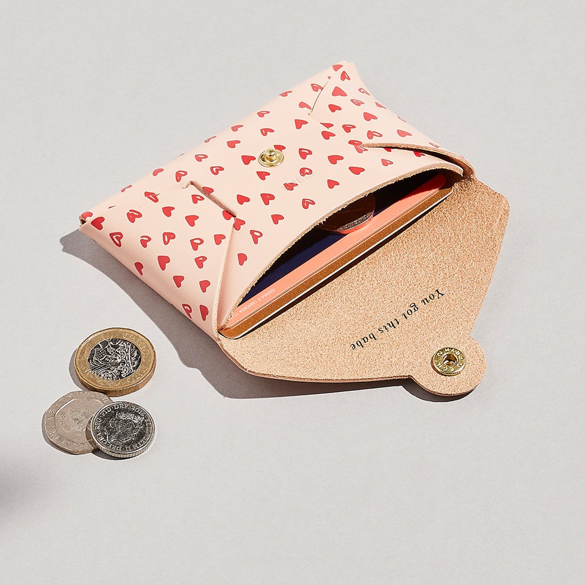 Personalised Leather Coin Purse Women | Pink + Red Love Heart Print ...