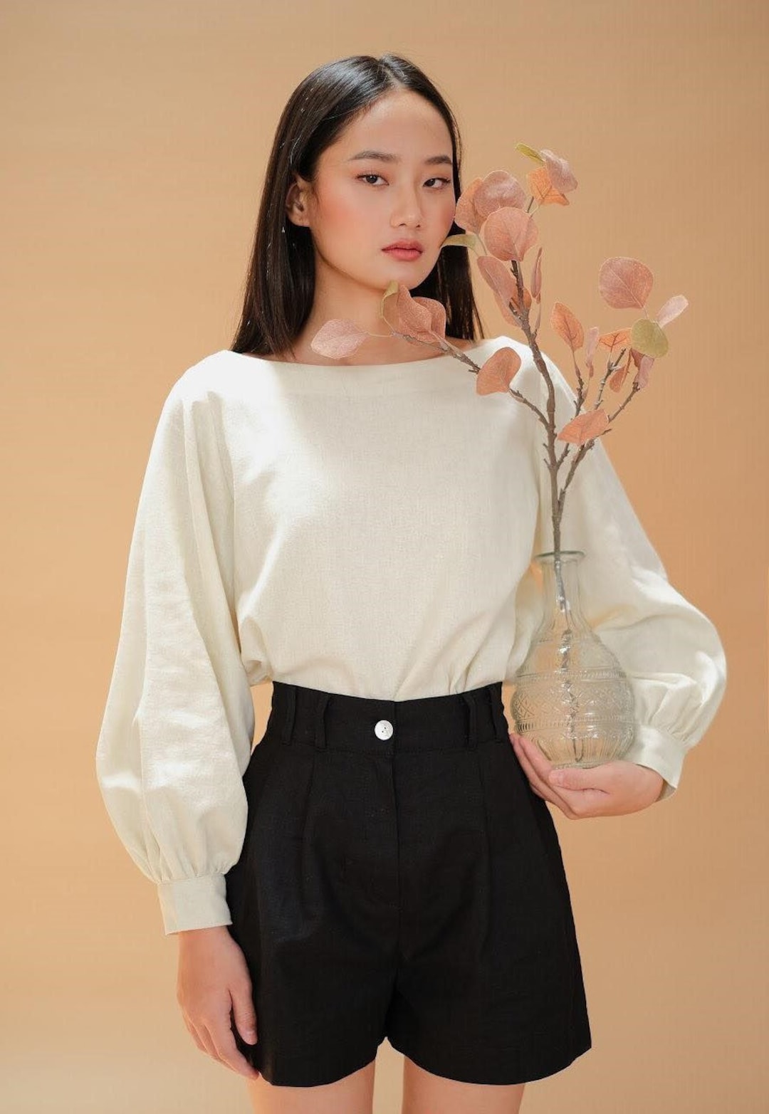 Loose Linen Top With Long Bishop Sleeves / Boat Neckline Linen Blouse ...