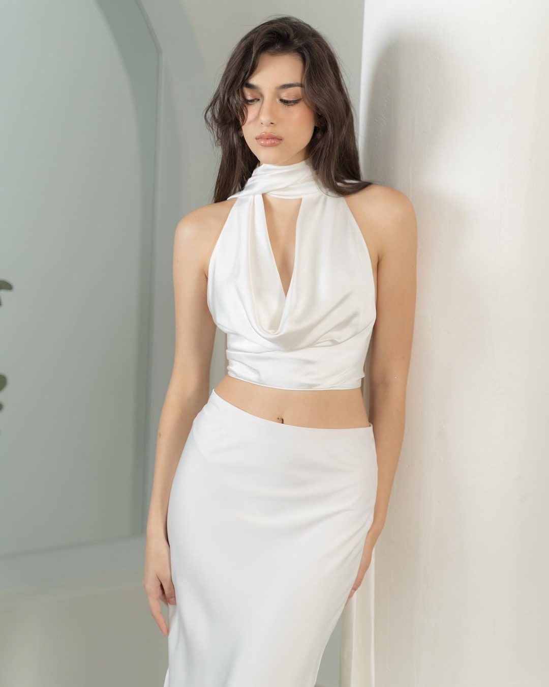 Cowl Neck Crop Top / Tie Neck Top / Silk Cropped Top / Open Back Silk ...