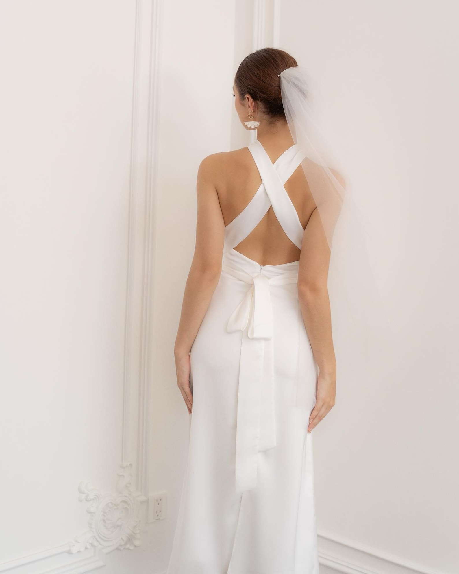 Halter Neck Midi Dress in White Cross Back Summer Long Dress Bridesmaid ...