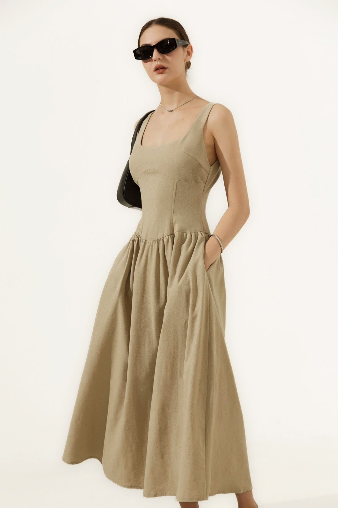 High Waist Dress - A Line Midi Linen Dress - Thick Straps Linen Dress ...