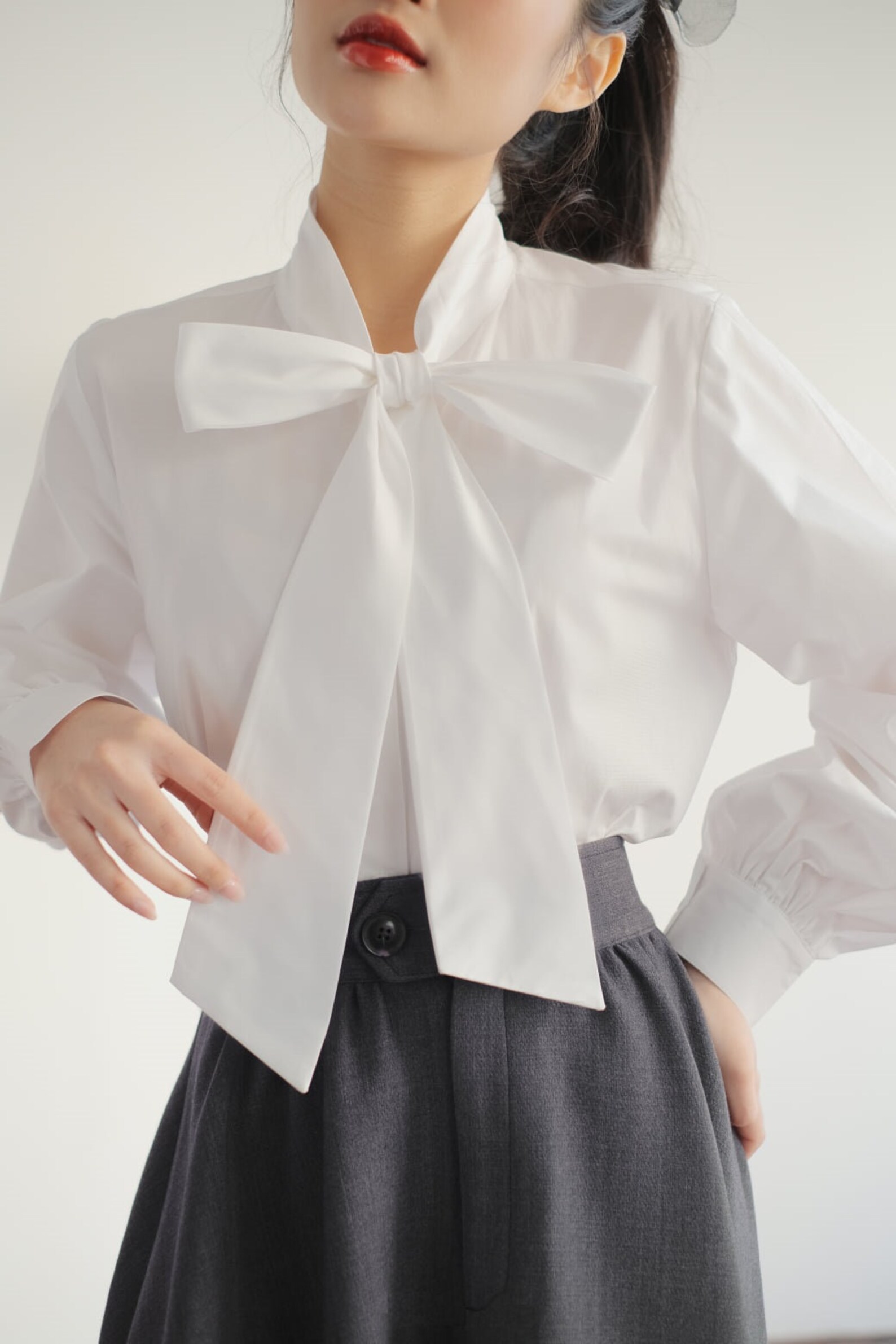 Women Blouse With Long Sleeves - Women Ribbon Blouse - Bow Tie Neck ...