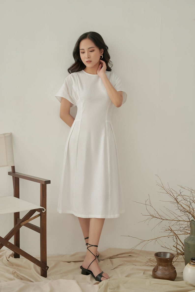 Short Sleeve Linen Midi Dress in White - Wedding Guest Linen Dress ...
