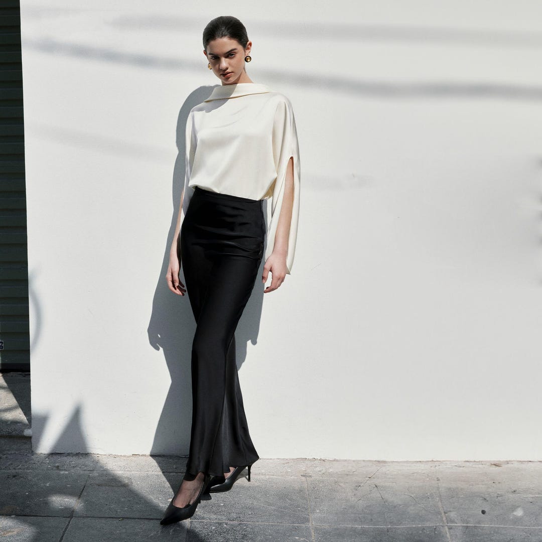 Slit Sleeves Silk Blouse - Women Long Split Sleeves Blouse - Cowl Back ...