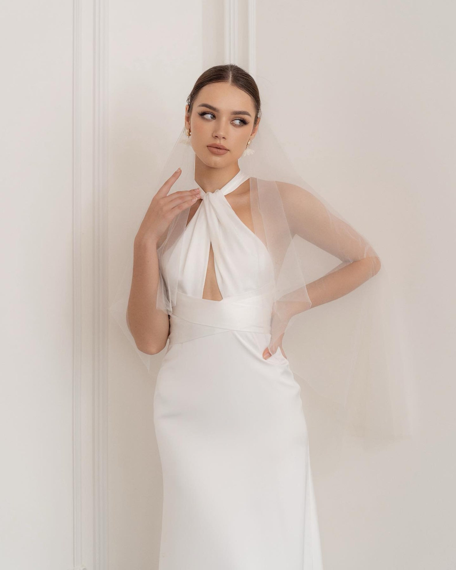 Halter Neck Midi Dress in White Cross Back Summer Long Dress Bridesmaid ...