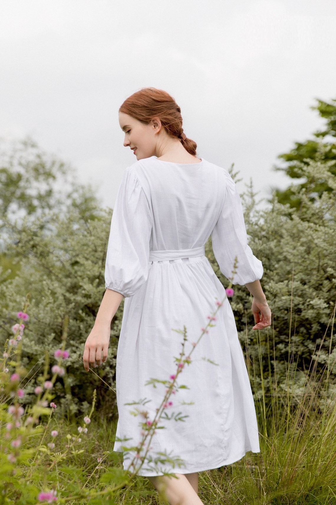 Linen Wrap Dress With Frills, Peasant Sleeve Tunic, Casual Knee Length ...