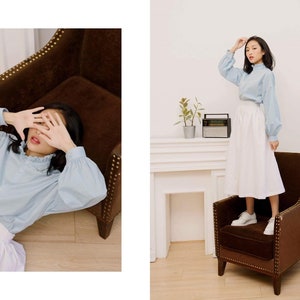 Loose Linen Blouse in White With Long Bishop Sleeves and Frill Neck ...