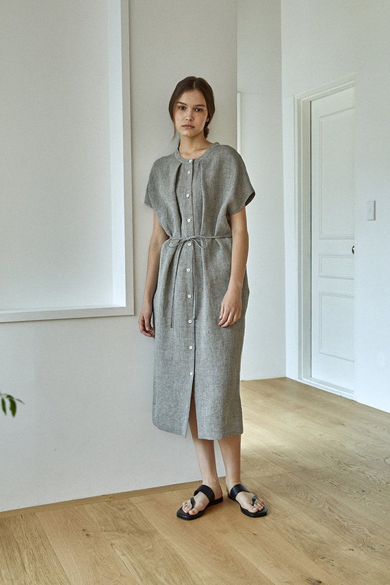 Buttons up Midi Linen Dress With Short Sleeves Oversize - Etsy