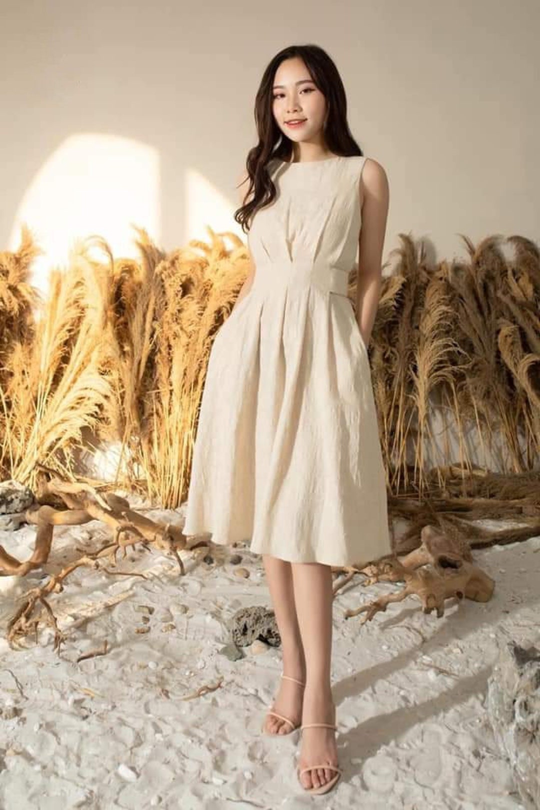 Sleeveless Linen Dress - Beige A Line Linen Dress - Pleated Midi Linen ...