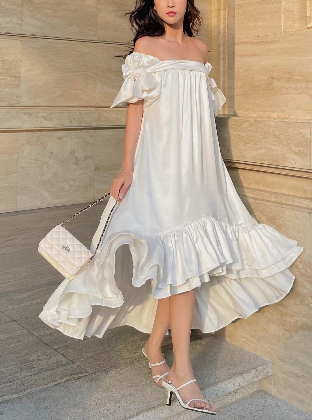 Drop Hem High - Low Midi Silk Dress With off Shoulder in White - Etsy