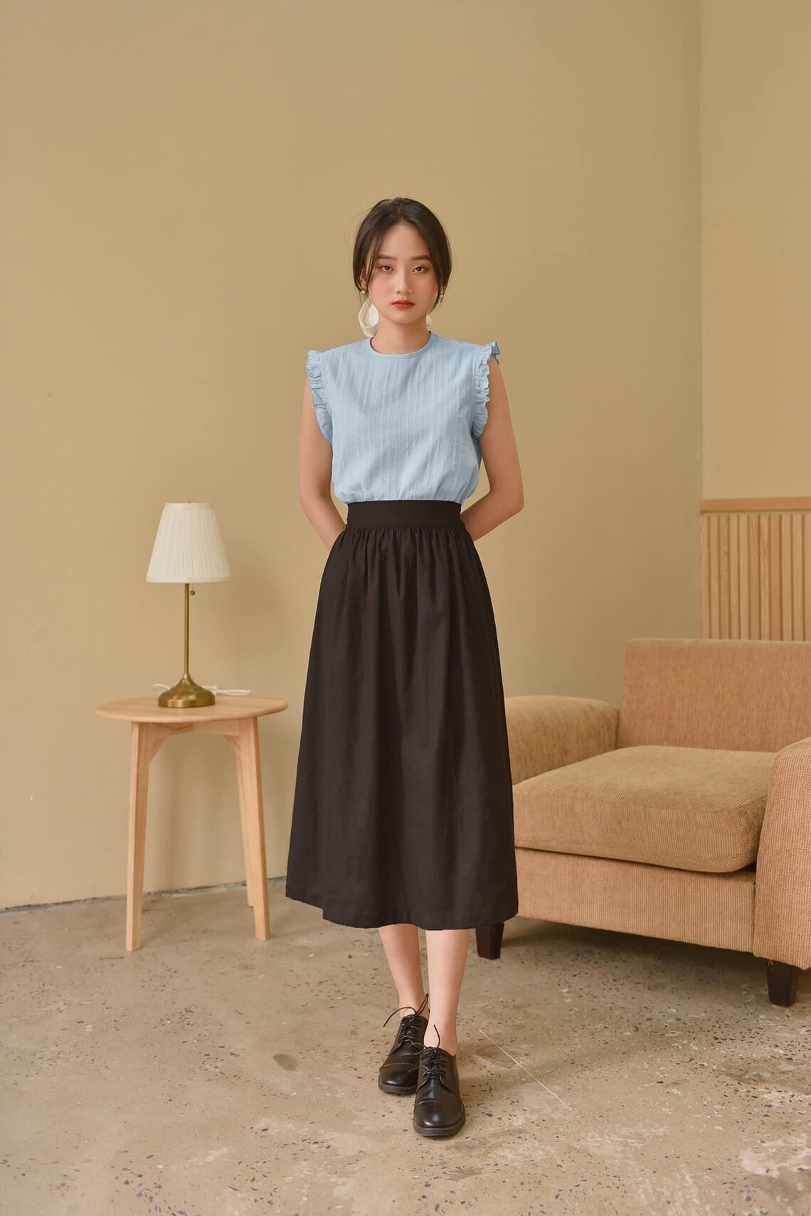 Baby Blue Linen Top With Crew Neckline and Ruffle Shoulder - Etsy