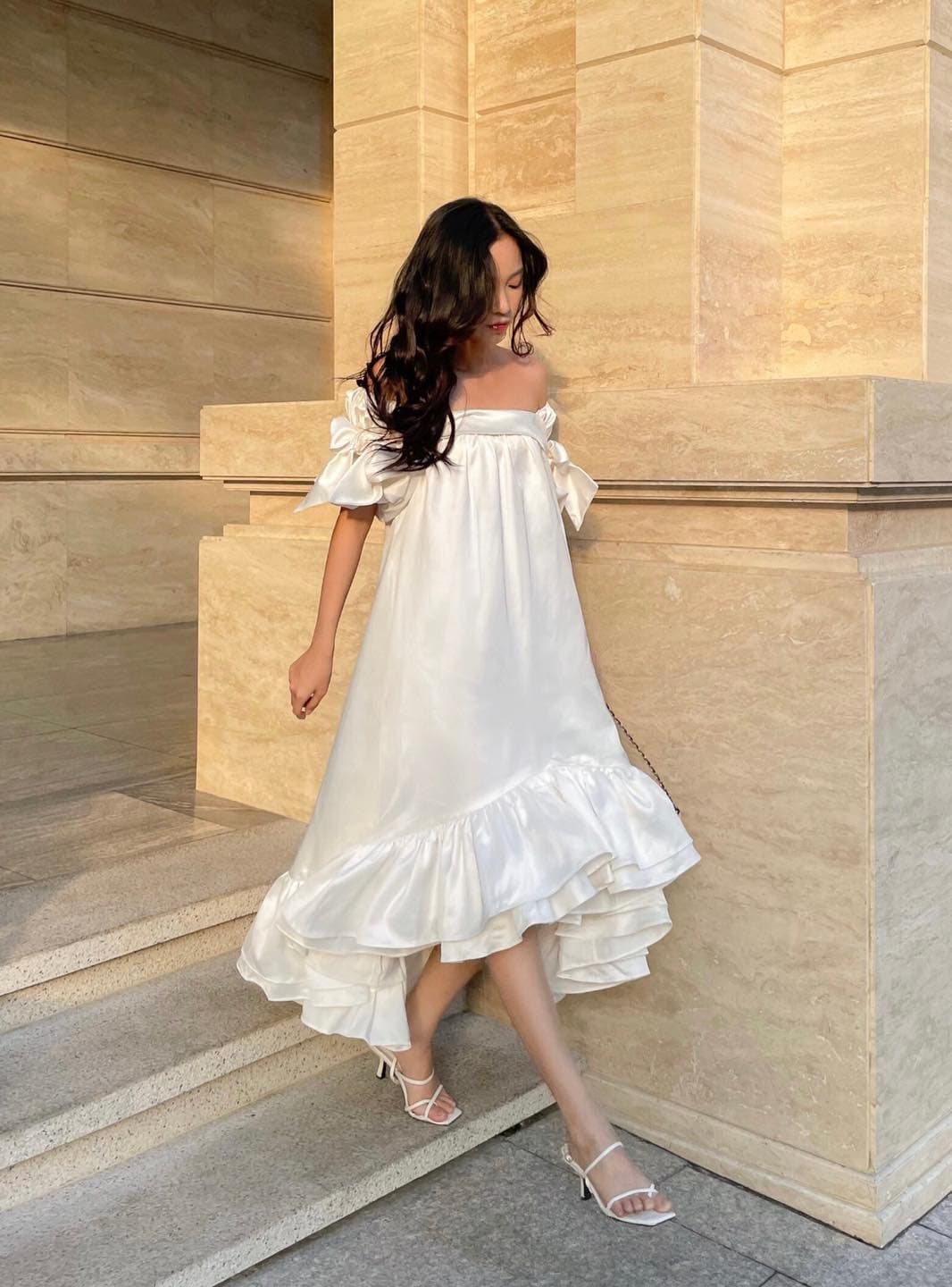 Drop Hem High - Low Midi Silk Dress With off Shoulder in White - Etsy