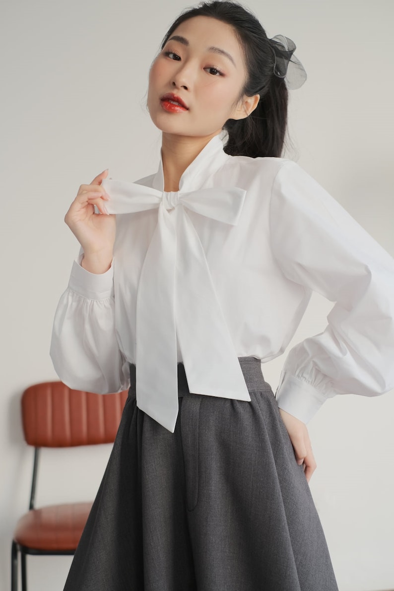 Women Blouse With Long Sleeves - Women Ribbon Blouse - Bow Tie Neck ...