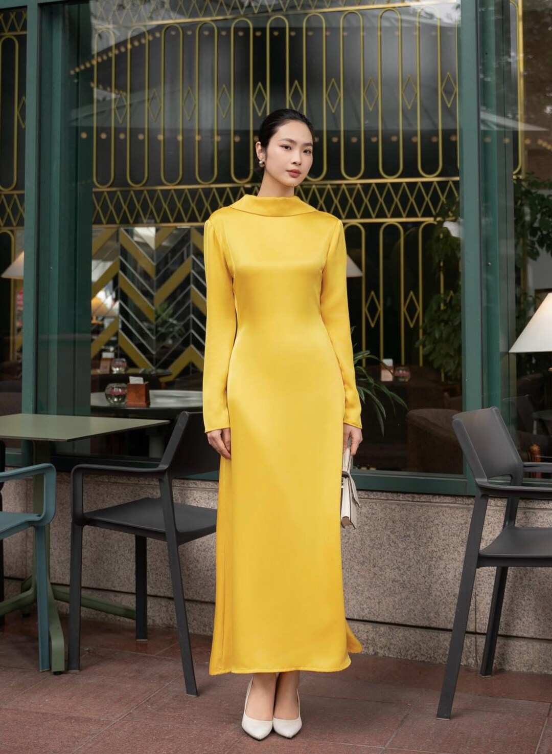 Women’s Collared V Back Long Sleeve Dress – Elegant V Back Silk Dress ...
