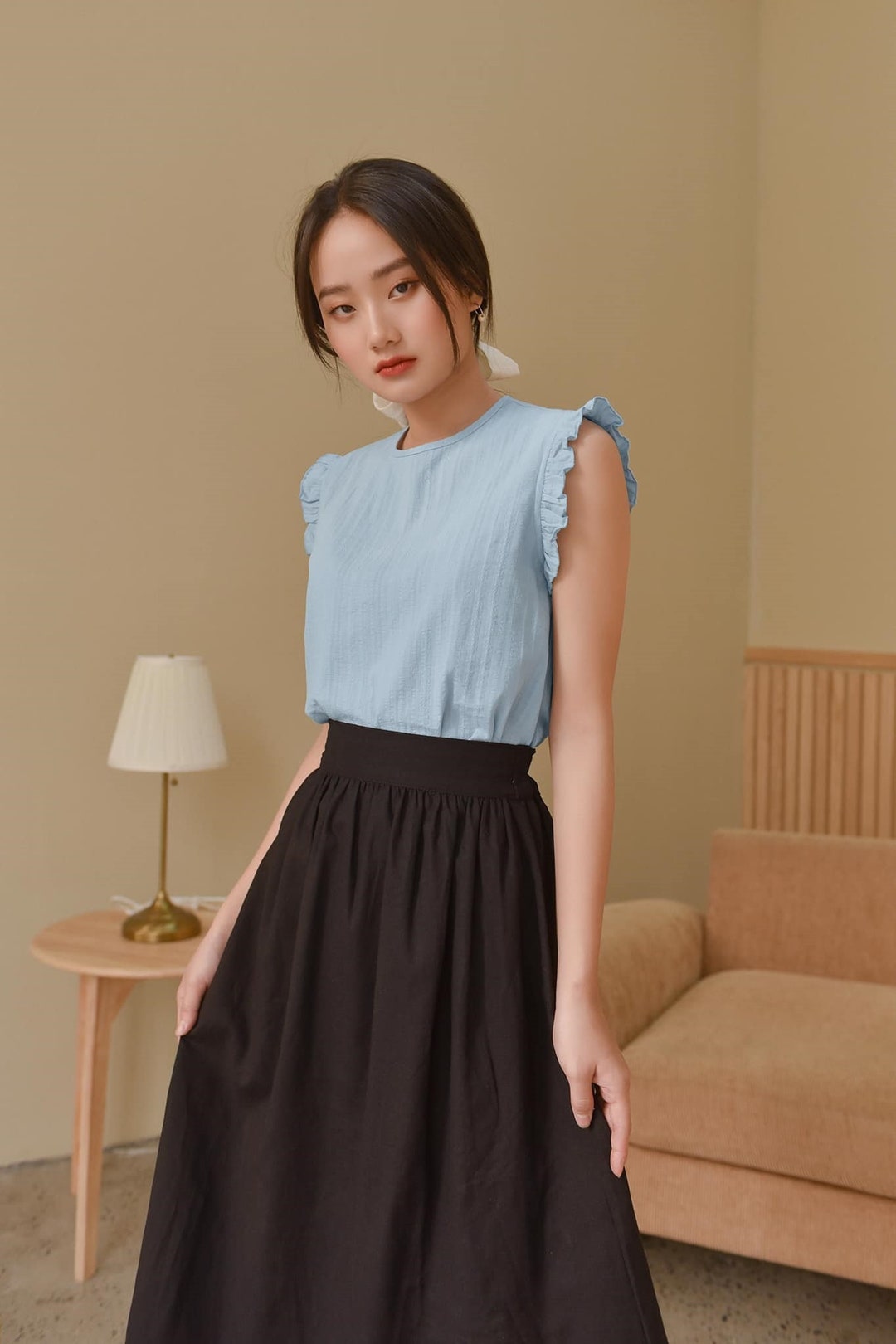 Baby Blue Linen Top With Crew Neckline and Ruffle Shoulder - Sleeveless ...