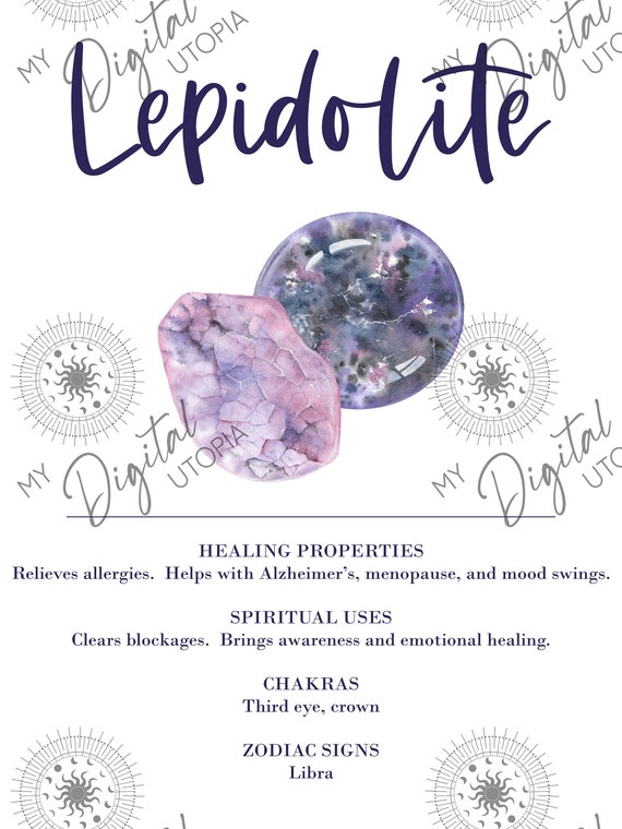 Lepidolite Crystal Print Printable Poster Lists Healing Properties Spiritual Uses Chakras and Zodiac Signs Associated With This Stone. Etsy UK